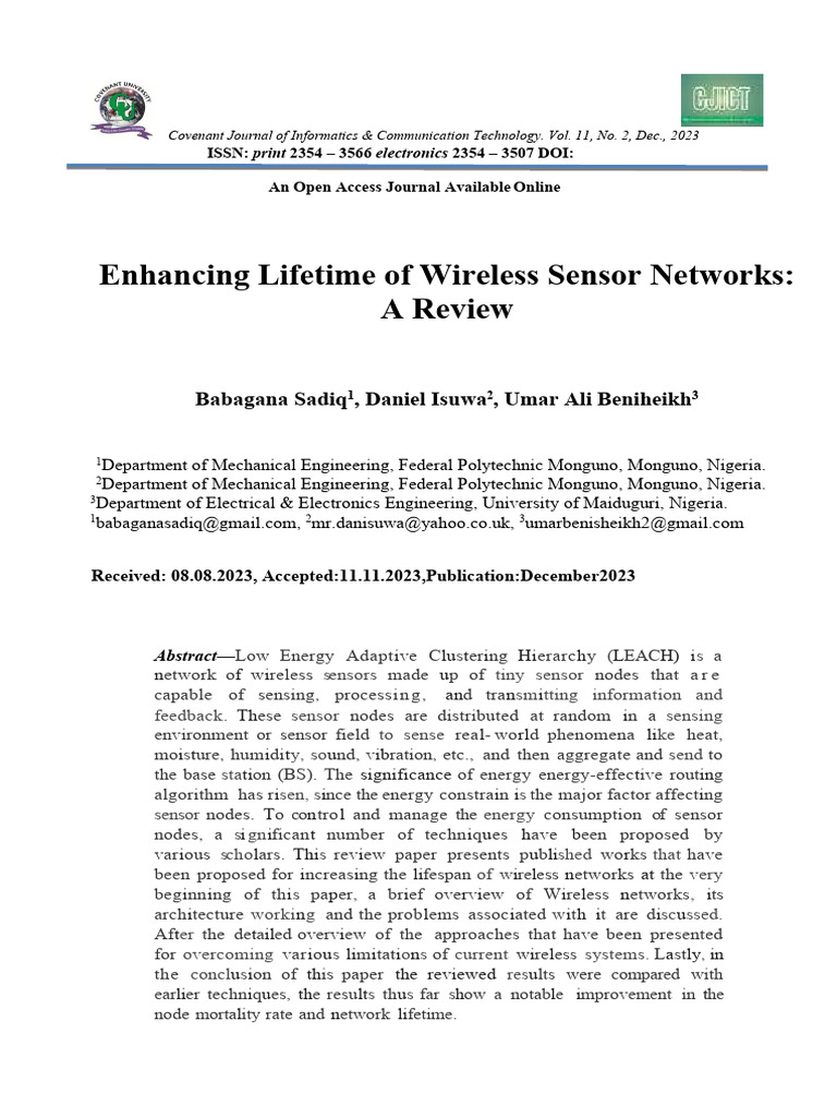 Enhancing Lifetime of Wireless Sensor Networks by Babagana Sadiq Et Al | PDF | Wireless Sensor ...