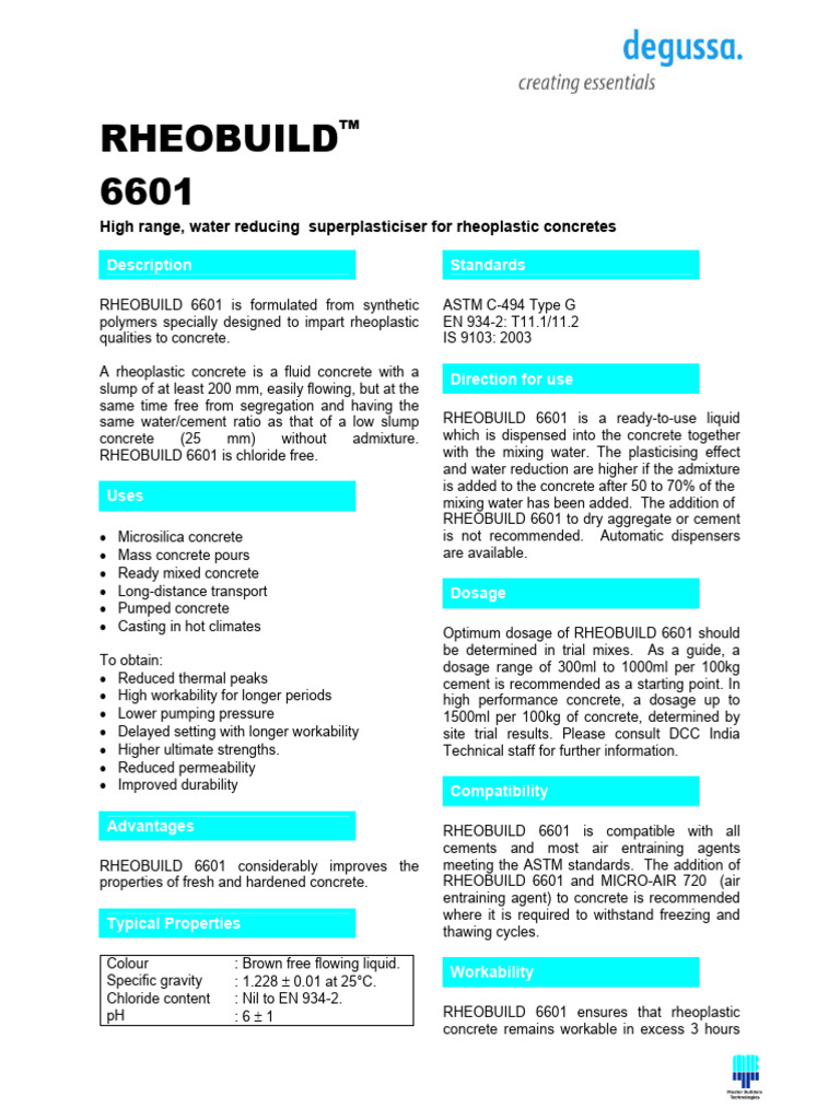 Rheobuild 6601 | PDF | Concrete | Cement