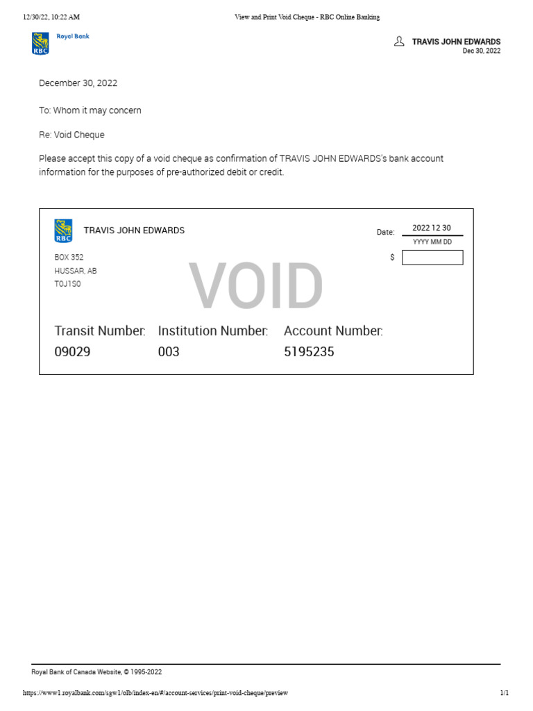Void Cheque - Travis Edwards | PDF