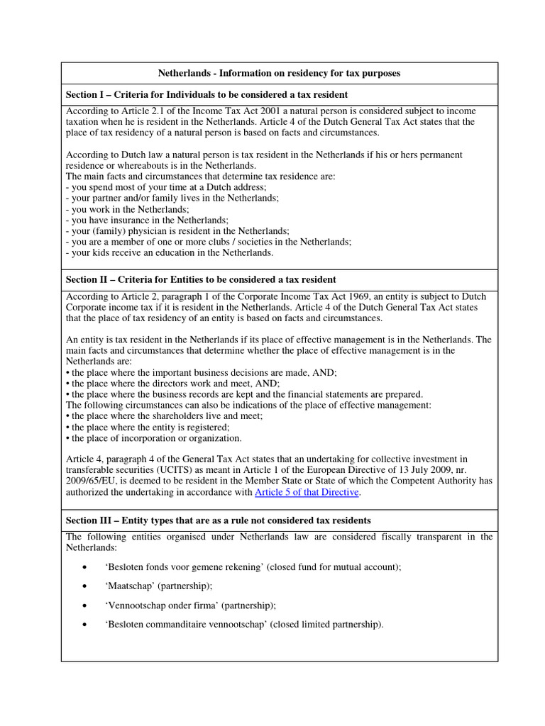 Netherlands Tax Residency Criteria | PDF | Taxes | Income Tax