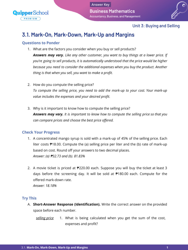 3.1. Mark-On, Mark-Down, Mark-Up and Margins: Questions To Ponder | PDF ...