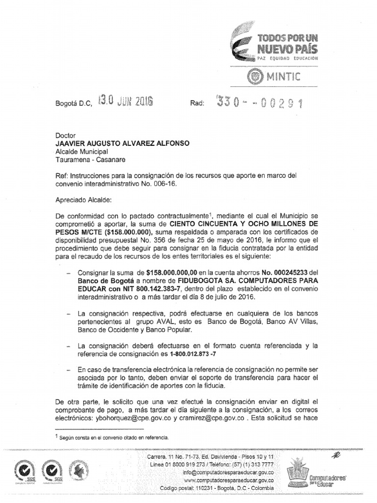 006-16 Carta Recaudo Tauramena | PDF