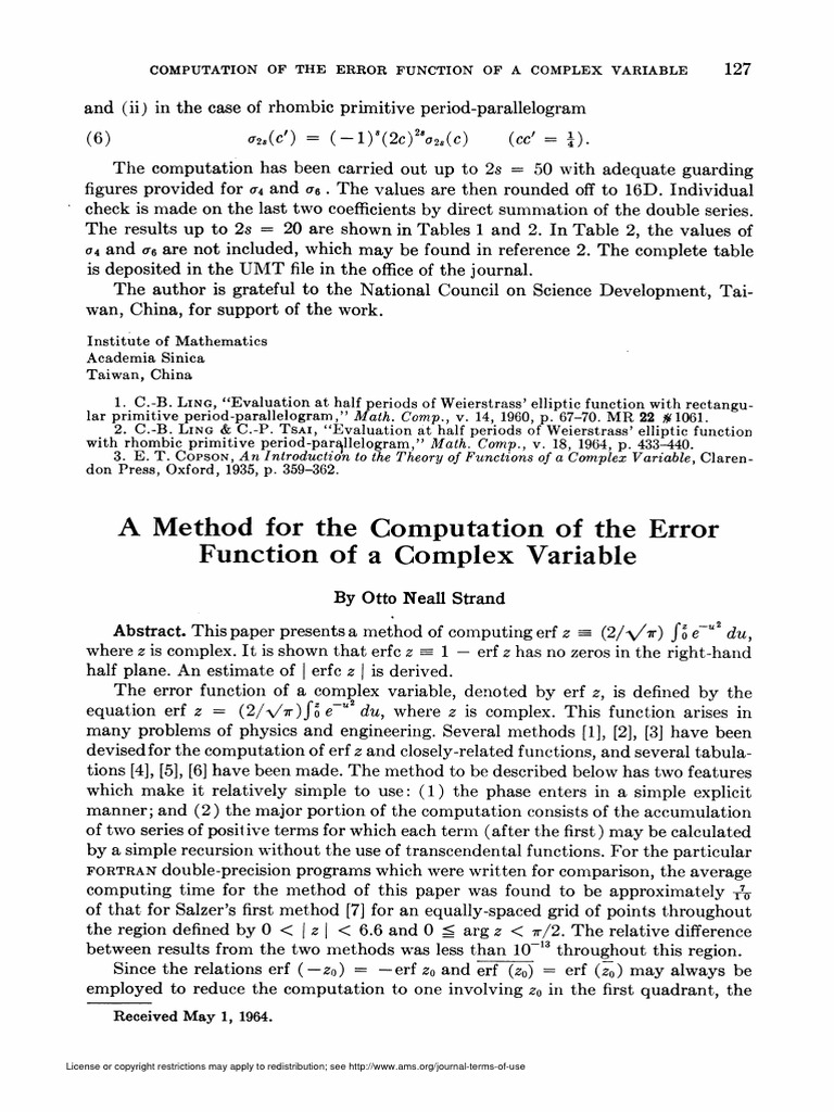 A Method For The Computation of The Error Function of A Complex Variable - Math. of Comp., Vol ...