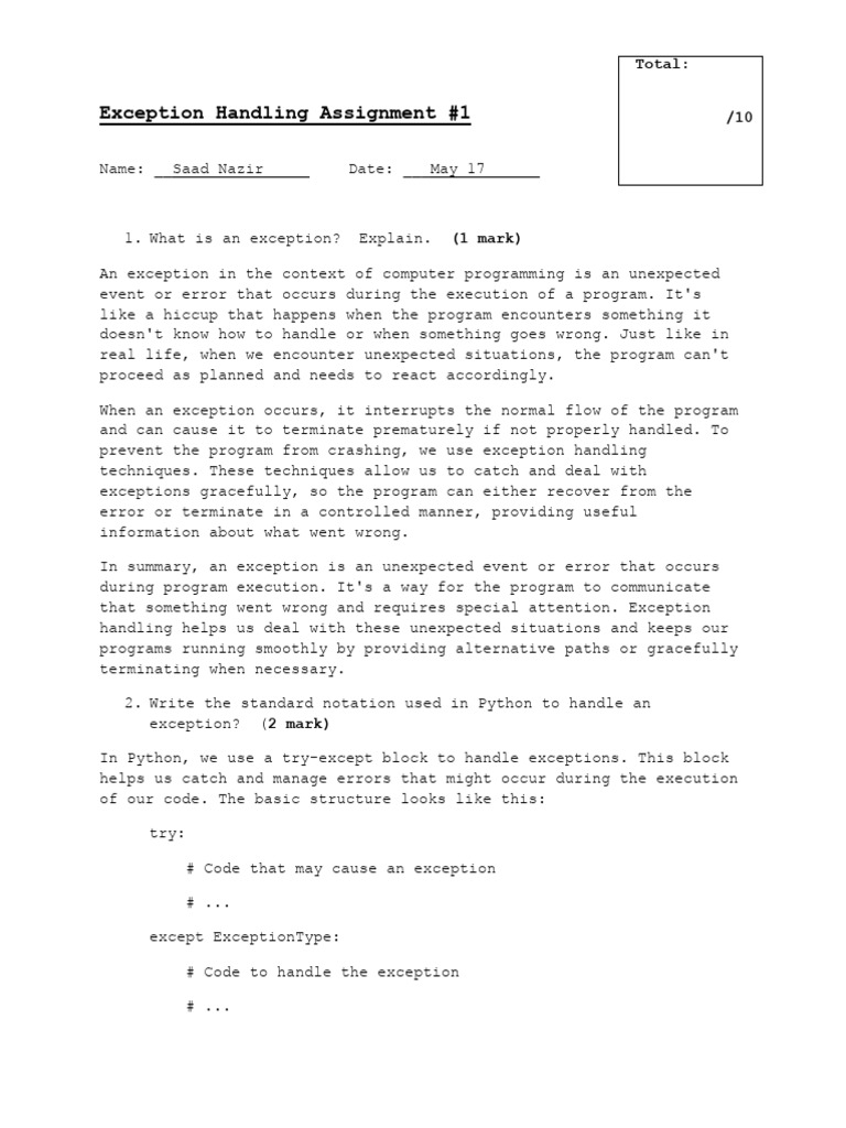 Exception Handling Assignment 1 Pdf Computer Programming Systems 