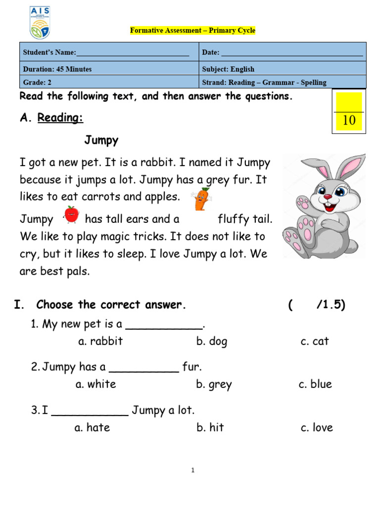 Grade 2 English Assessment Worksheet | PDF