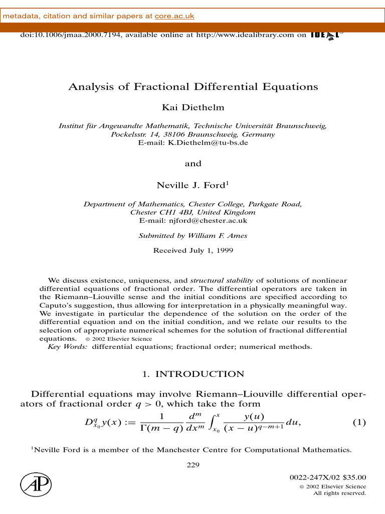 Analysis of Fractional Differential Equations: Kai Diethelm | PDF | Equations | Function ...