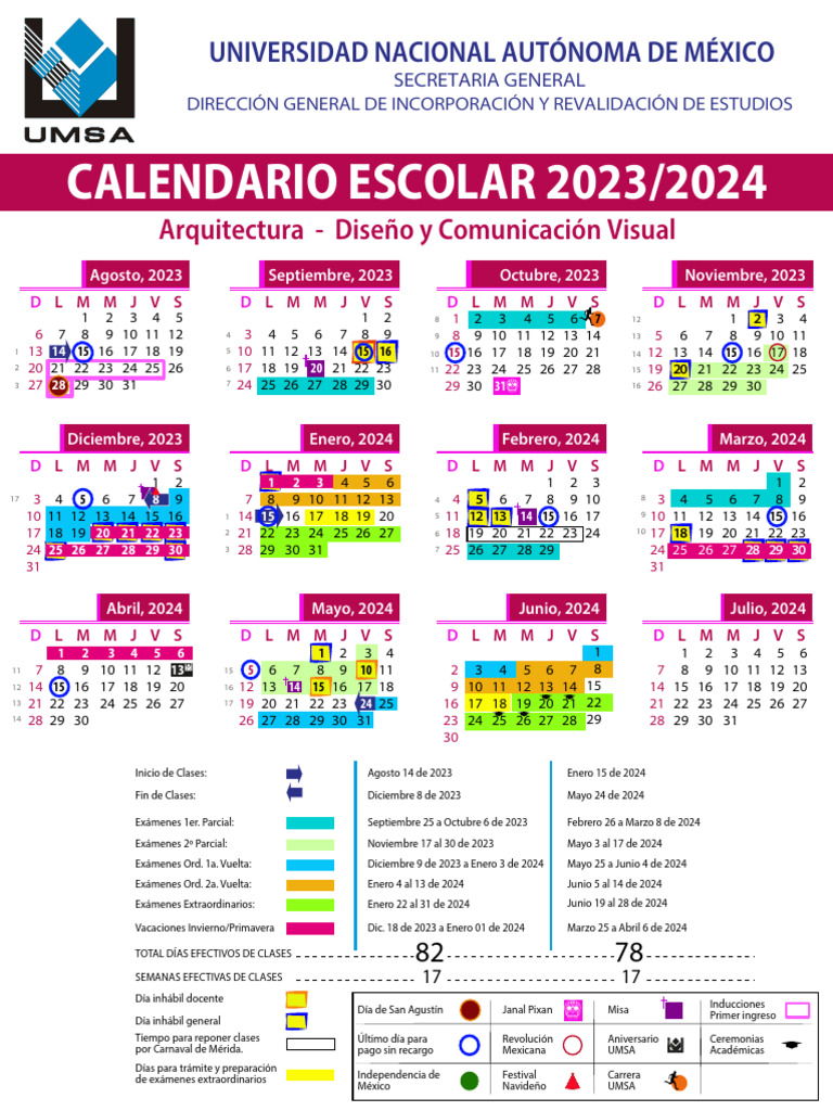 Calendario UNAM 23 - 24 | Descargar gratis PDF | Observancias