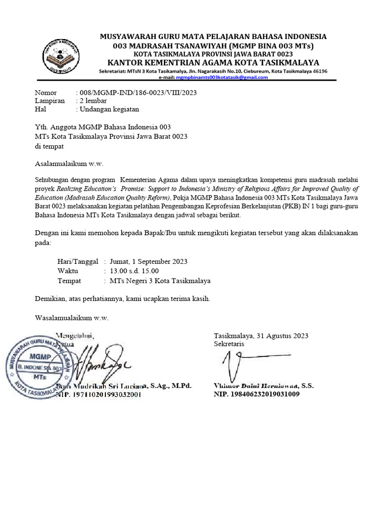 Surat Undangan PKB MGMP Bina Mts 003 in | PDF