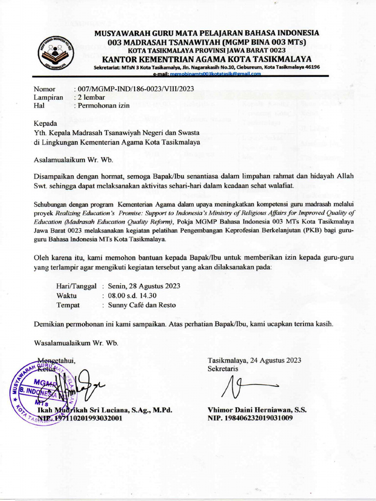 Surat Permohonan Izin PKB BINA MTs 003 | PDF