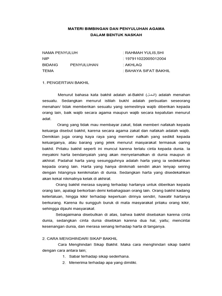 Bahaya dan Cara Hindari Sifat Bakhil | PDF
