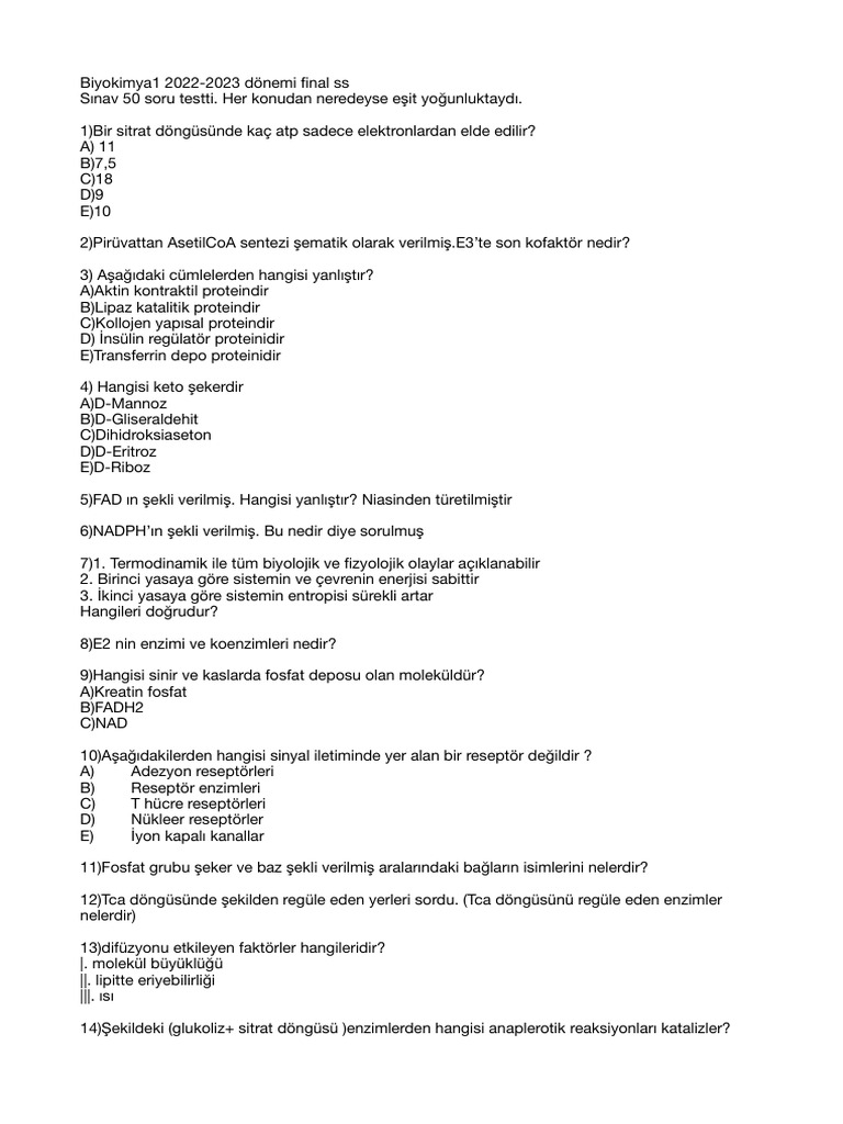 Biyokimya 2022-2023 Final ss | PDF