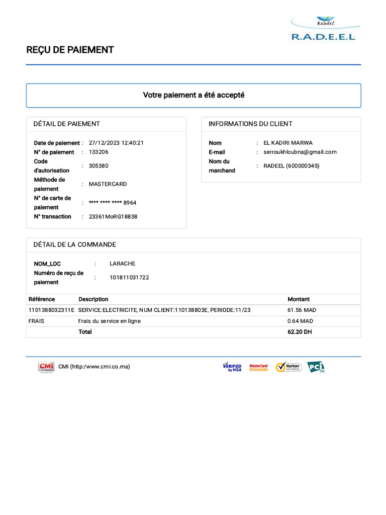 Reçu de Paiement Radeel - Larache | PDF