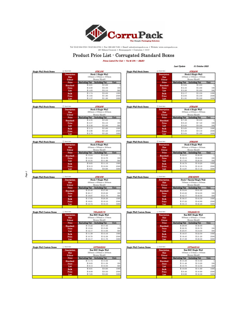 Price List - Corrugated Standard Boxes | PDF | Fee | Trade