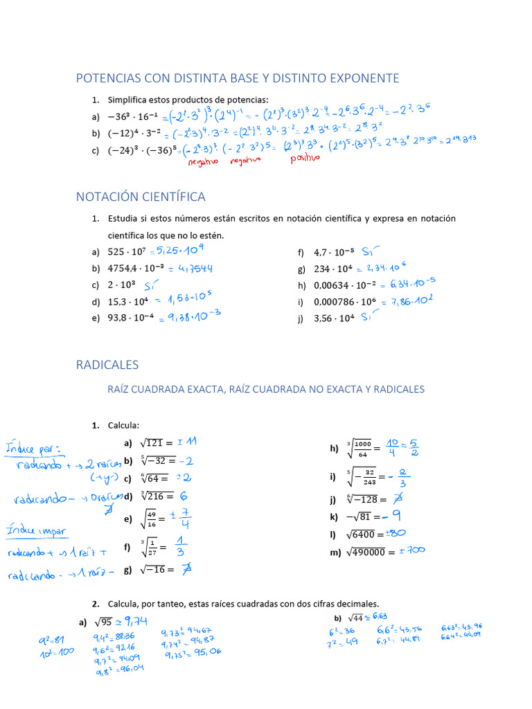 Potencias de Distinta Base y Exponente, Notación Científica, Radicales ...
