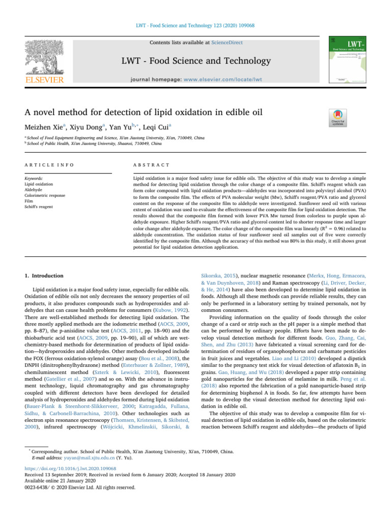 A Novel Method For Detection of Lipid Oxidation in Edible Oil 2020 ...