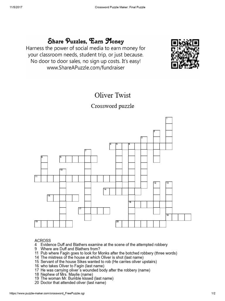 Crossword Puzzle OLIVER | PDF | Oliver Twist | Oliver Twist Characters