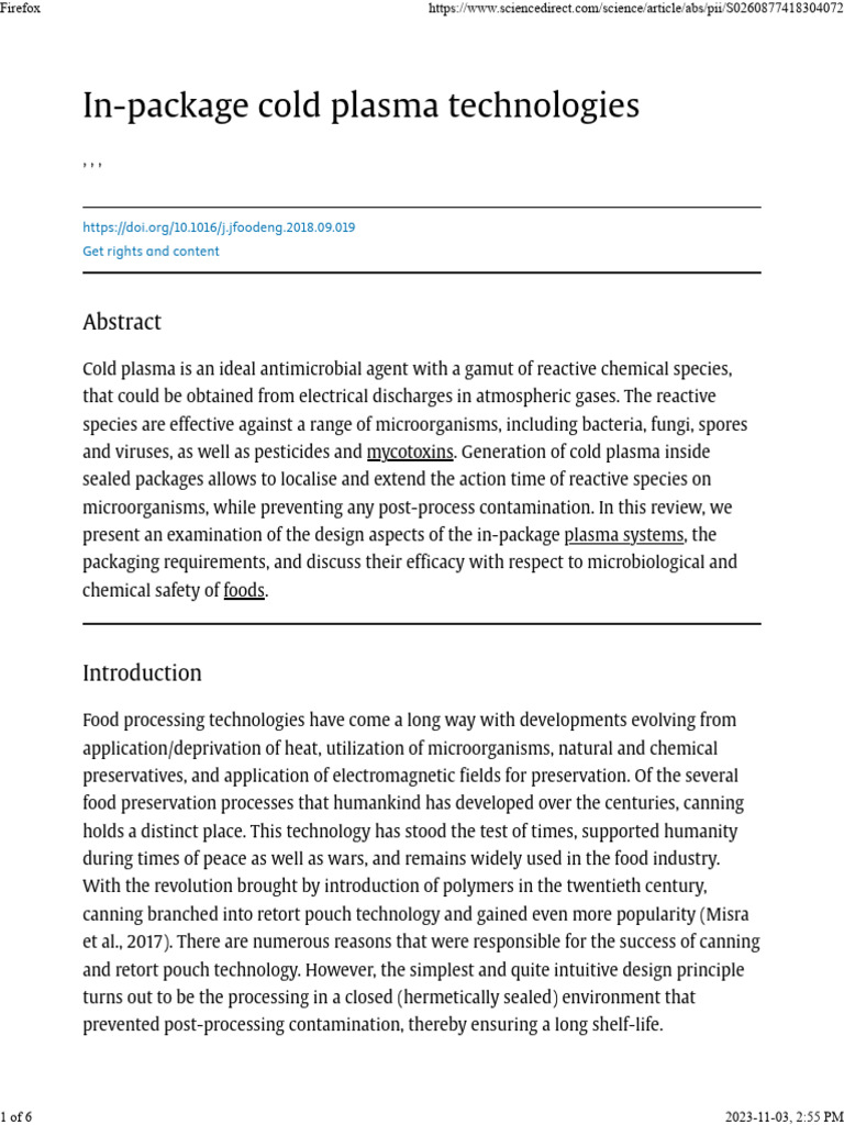 In-Package Cold Plasma Technologies - ScienceDirect | PDF | Pesticide ...