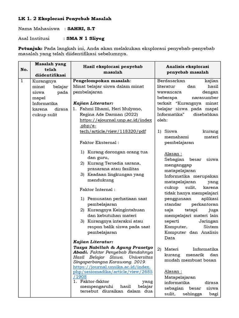 LK. 1.2 Eksplorasi Penyebab Masalah - Kirim | PDF