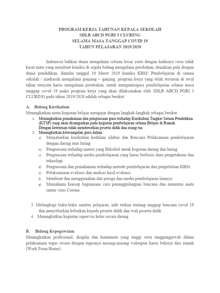 Program Kerja KS Tanggap Covid 19 SDLB Abcd Pgri Cluring | PDF