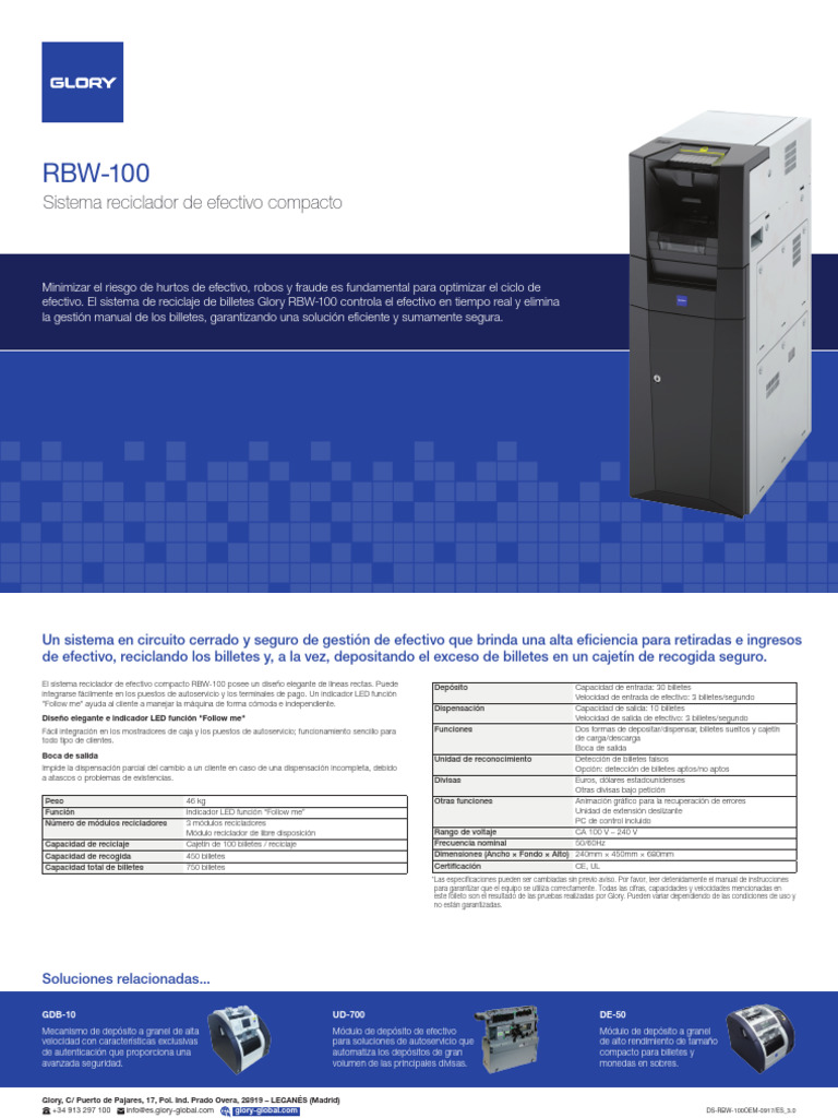 Glory RBW 100 OEM Datasheet ES | PDF | Billete de banco | Moneda