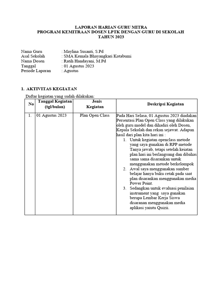 Tanggal 01 Agustus - Maylina - Laporan Harian | PDF | Karier & Perkembangan