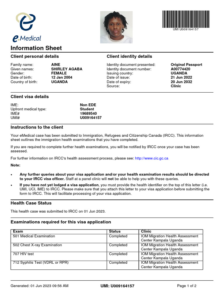 IOM Medical Examination Summary for Visa | PDF