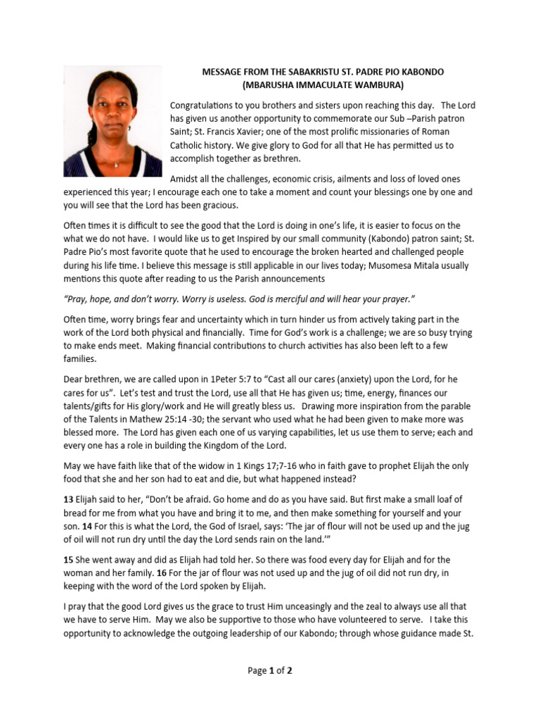 ST. Padre Pio - Message From Sabakristu - Sub Parish Day | PDF | Elijah ...