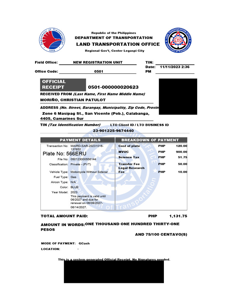LTO Official Receipt Sample 2023 | PDF | Finance & Money Management