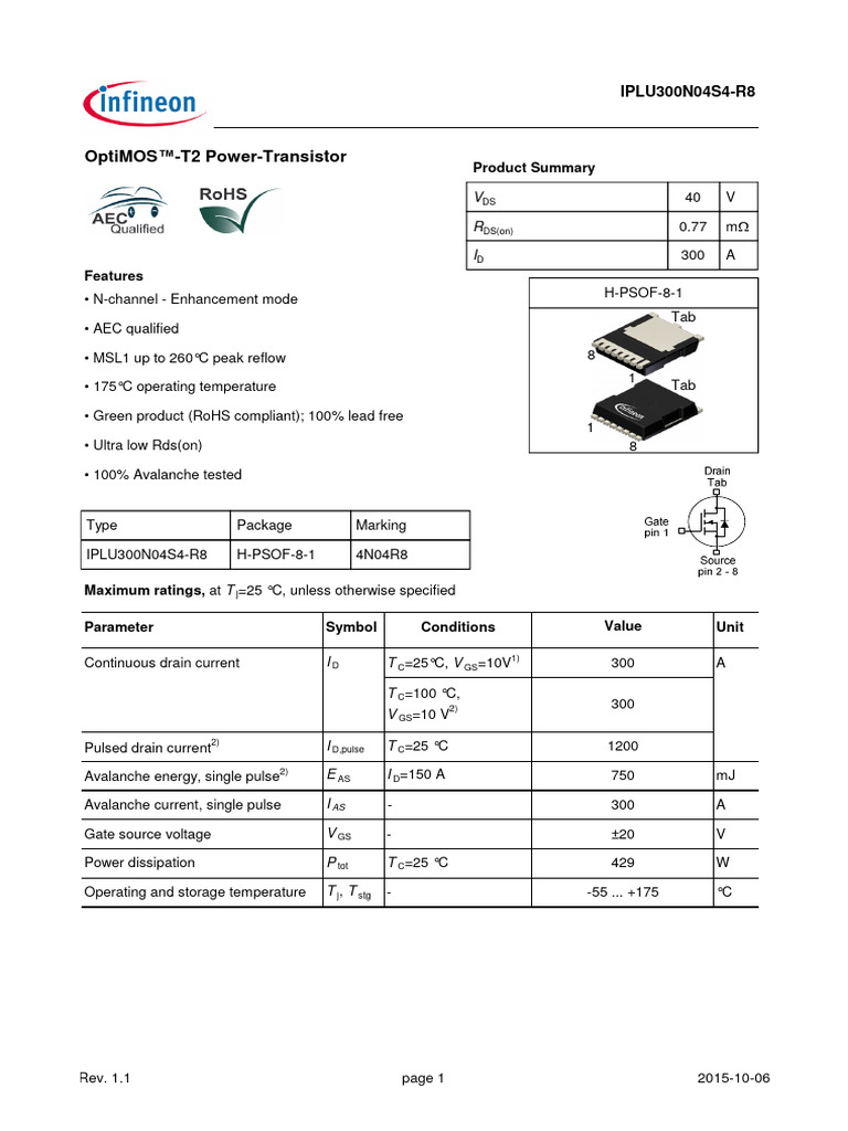 Infineon IPLU300N04S4 R8 DS v01 - 01 EN | PDF | Field Effect Transistor | Diode