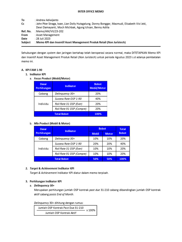 Memo KPI Dan Insentif Asset Management Produk Retail (Non Juristech) | PDF
