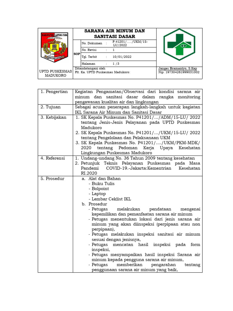 Sop Sam Dan Sanitasi Dasar | PDF | Pengembangan Diri | Teknologi & Rekayasa