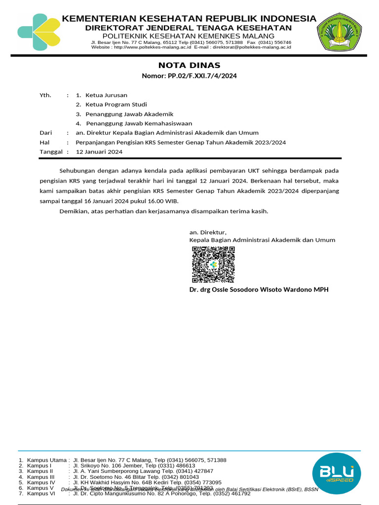 Perpanjangan Pengisian KRS Semester Genap Tahun Akademik 2023 - 2024 | PDF