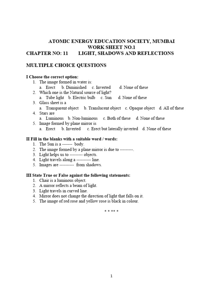 Vi Sci l11 m01 Light Shadows and Reflections Worksheet | PDF | Light | Shadow