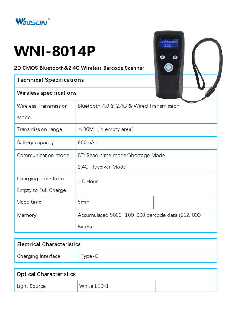 WNI-8014P Wireless Bluetooth&2.4G Barcode Scanner SPEC SHEET | PDF
