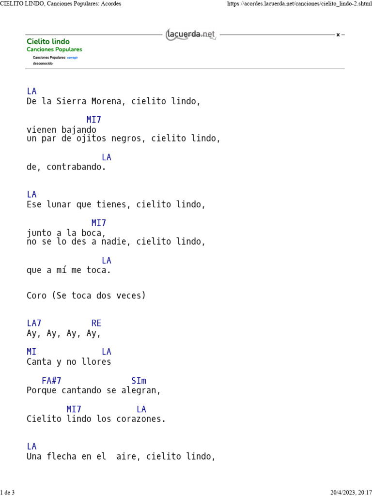 Acordes y letra de Cielito Lindo | PDF | Música occidental (Norteamérica)
