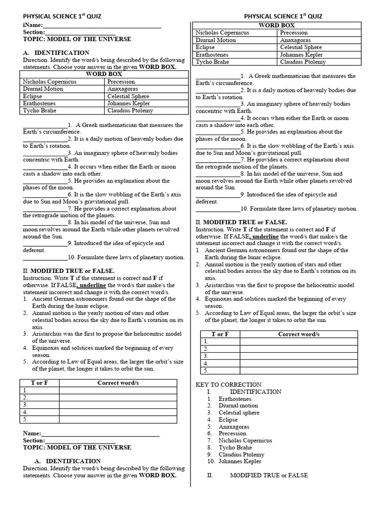 1st Quiz Model of The Universe | PDF | Classical Mechanics | Solar System