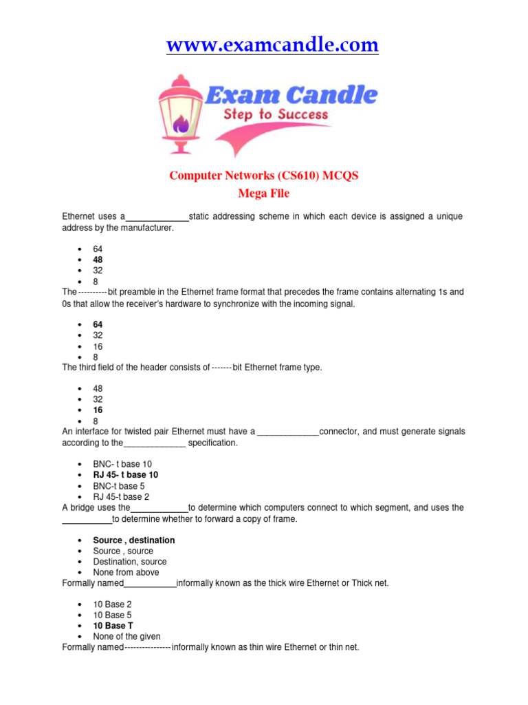 Computer Networks CS610 MCQS Mega File | PDF | Internet Protocols | Computer Network