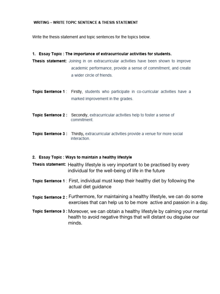 2 4 Elc231 Writing Topic Sentence and Thesis Statement Exercise | PDF ...