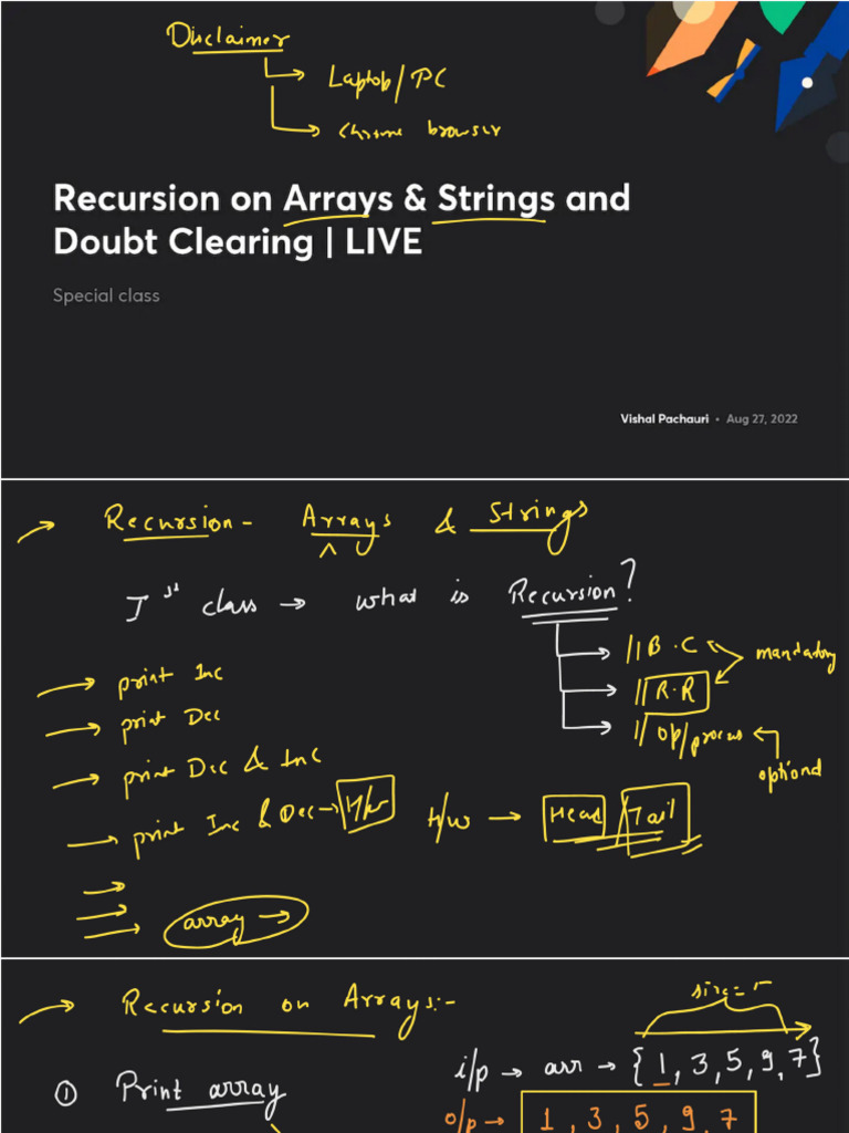 Recursion On Arrays Strings and Doubt Clearing LIVE With Anno | PDF