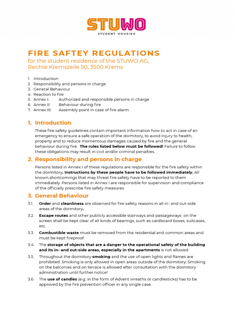 Fire Safety Guidelines for STUWO Dormitory | PDF | Firefighting | Fires