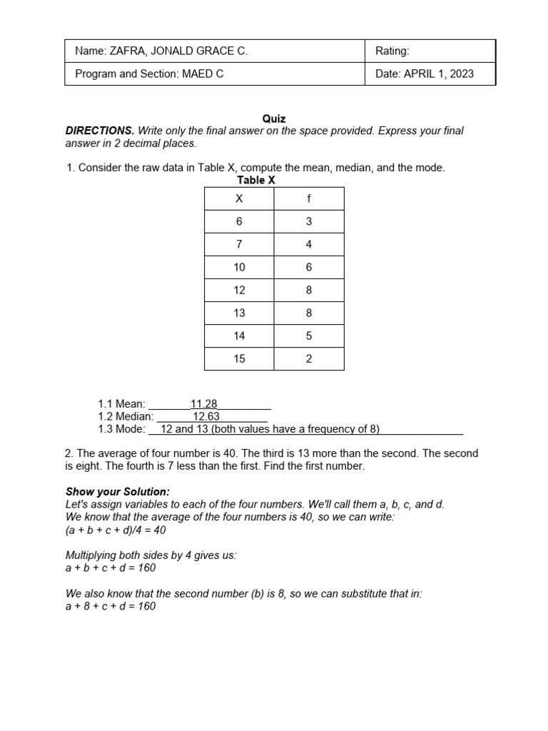Quiz Stat | PDF | Coefficient Of Variation | Mathematics