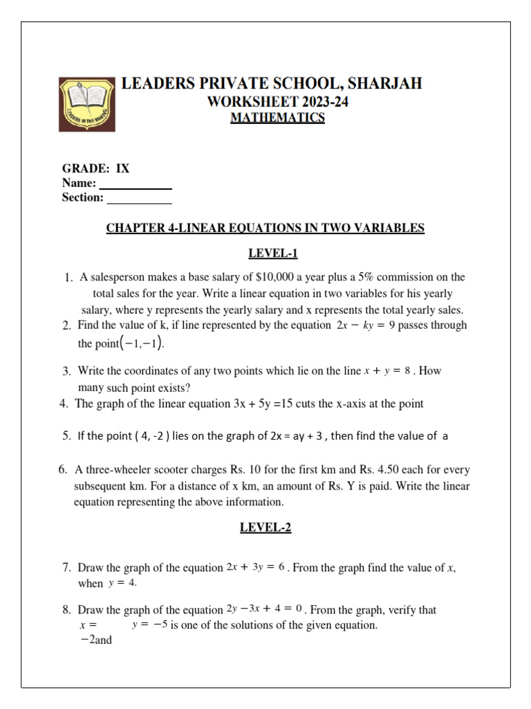 Worksheet - Linear Equation in Two Variables | PDF | Teaching Methods ...