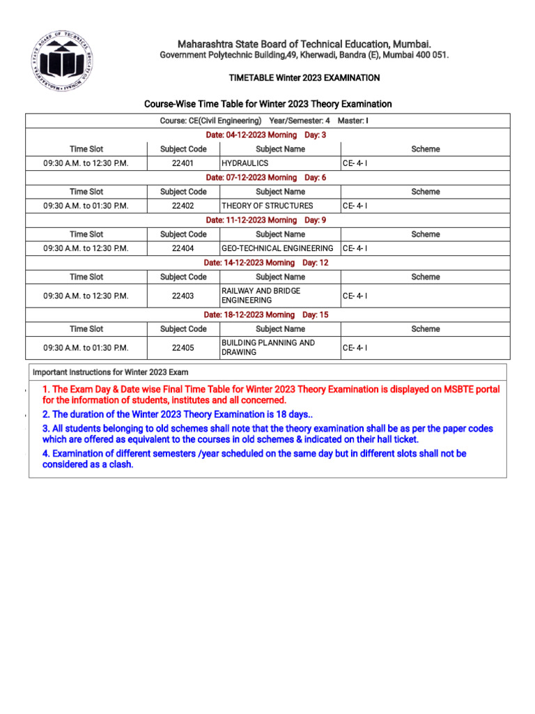 Time Table For Winter 2023 Theory Examination | PDF