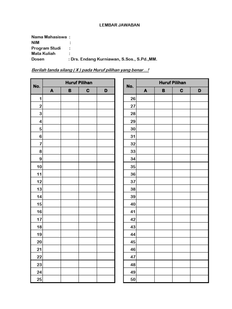 Lembar Jawaban Pilihan Ganda 50 Soal | PDF