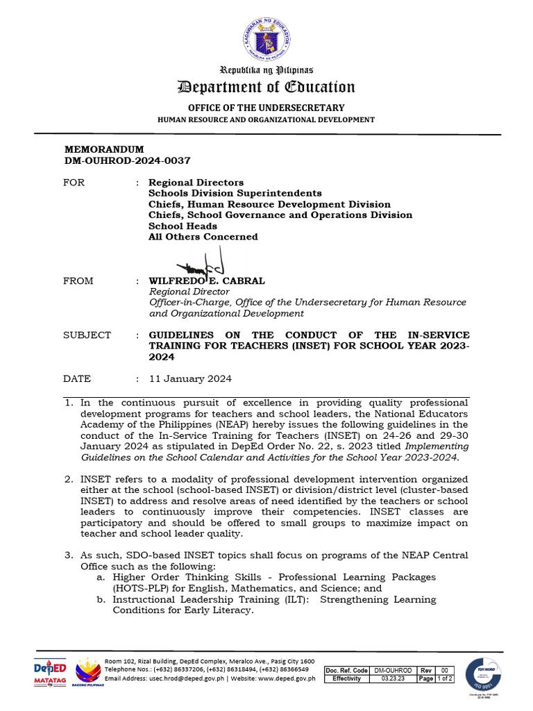 INSET Guidelines for Teachers 2023-2024 | PDF