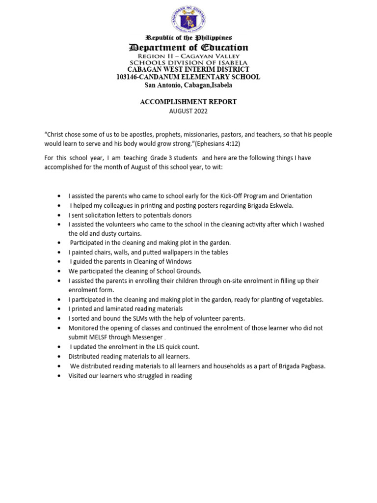 Accomplishment Report Teacher | PDF | Teachers | Apostle
