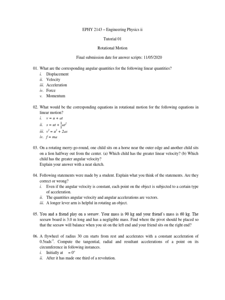Tutorial 01 - Introduction to Rotational Motion | PDF | Acceleration | Velocity