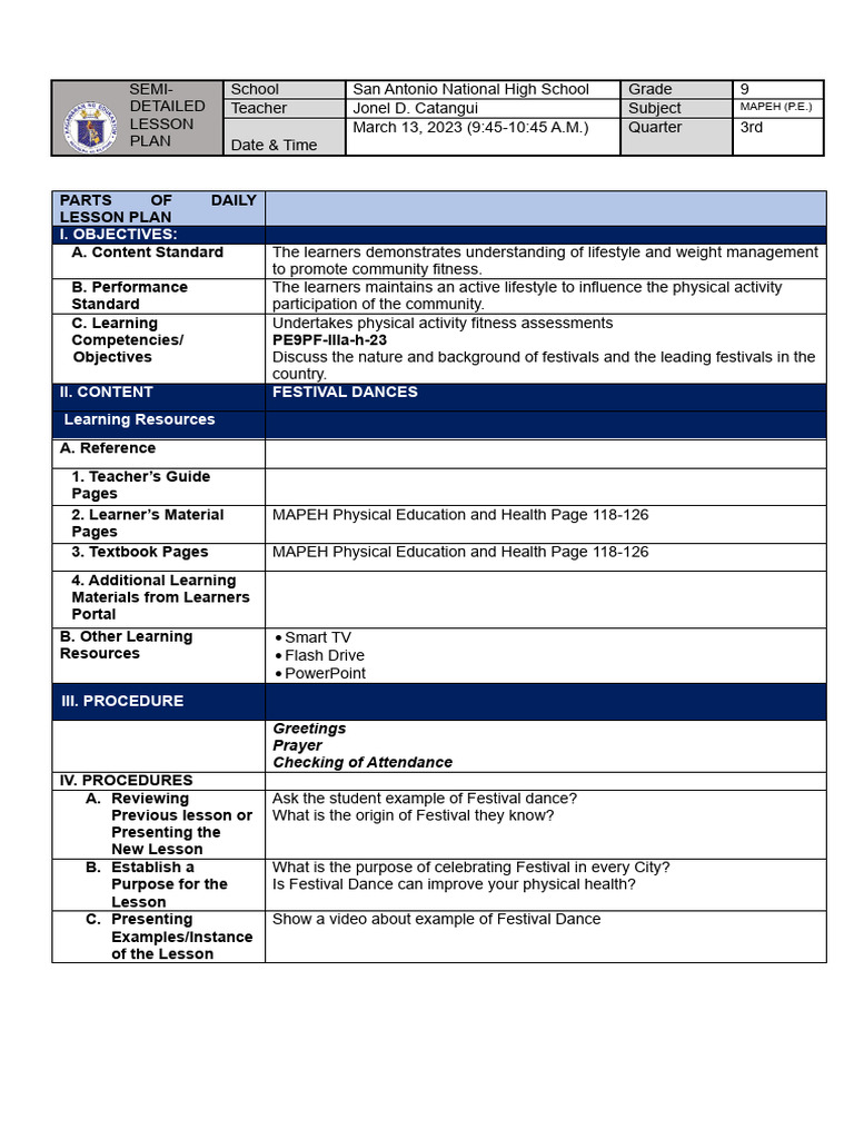 Semi Detailed Lesson Plan G9 Festivals | PDF | Learning | Lesson Plan