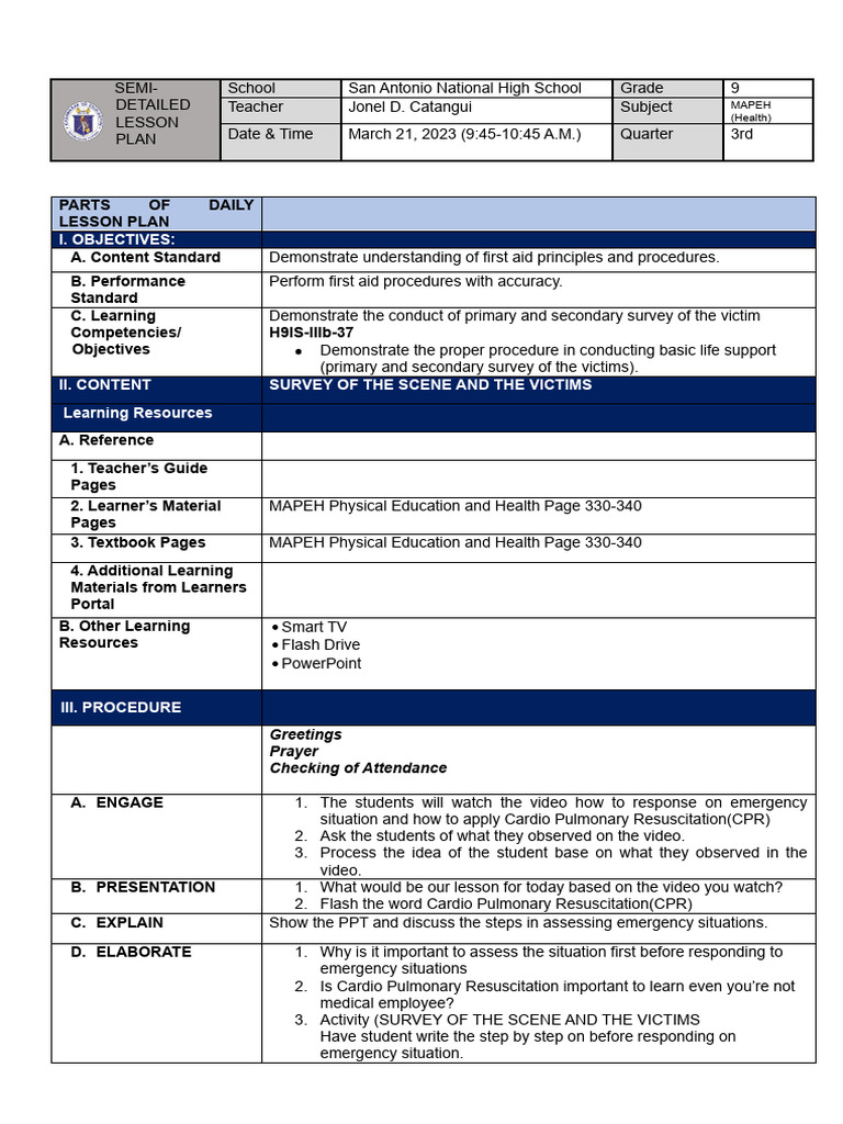 Semi Detailed Lesson Plan | PDF | Emergency | First Aid