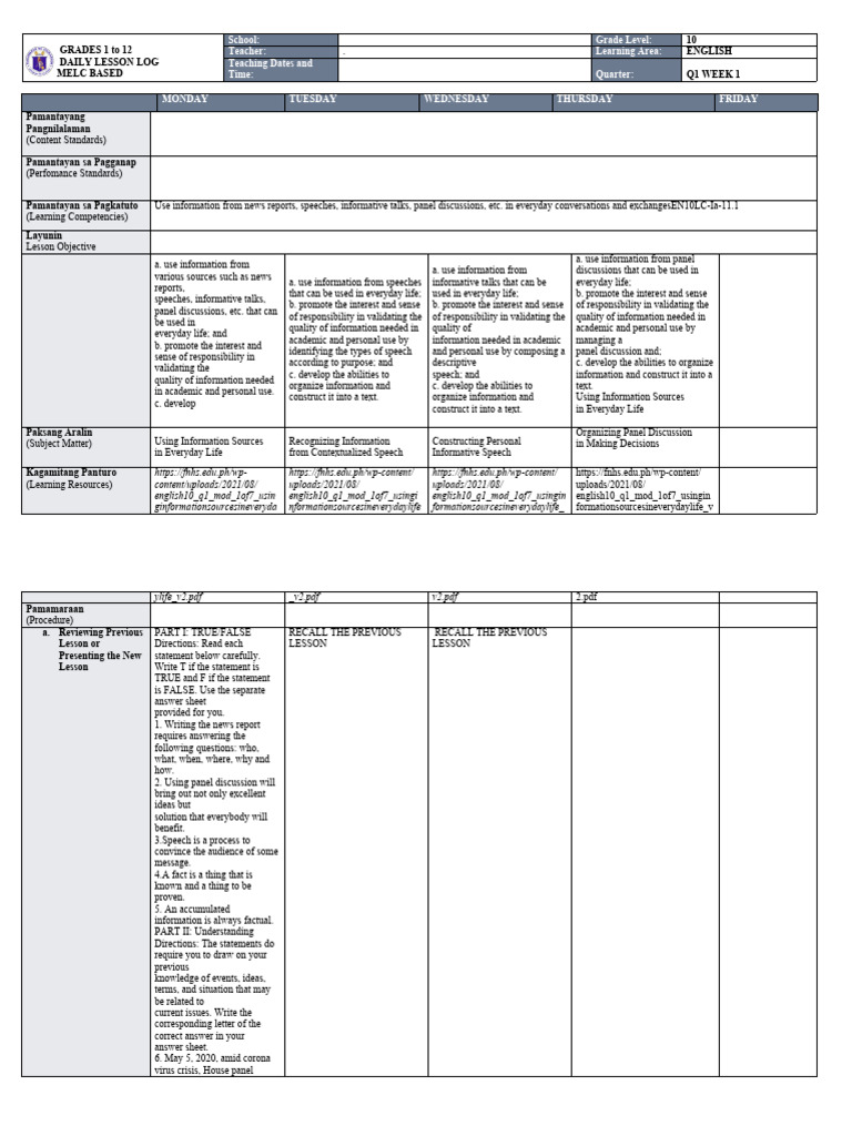 Melc DLL Eng 10 Week 1 Q1 Done | PDF | Information | News